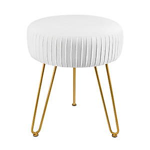 TOUCH-RICH Stripe Velvet Vanity Chair Round Ottoman,Upholstered Vanity Makeup Footstool Side Table Dressing Chair with Golden Metal Legs (Beige, Round-Normal)