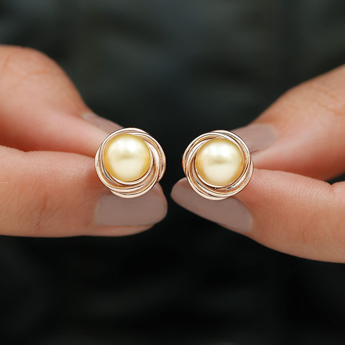 Golden South Sea Pearl Earrings, South Sea Pearl Solitaire Stud Earrings, South Sea Pearl Gold Earrings, Swirl Earrings for Women, 14K Rose Gold