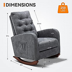 cinkehome Modern Accent Rocking Nursery Chair-Upholstered Rocker Glider Chair for Baby and Kids-Mid Century Tall Back Armchair with Solid Wood Legs-Living Room-Bedroom-Cotton Dark Gray
