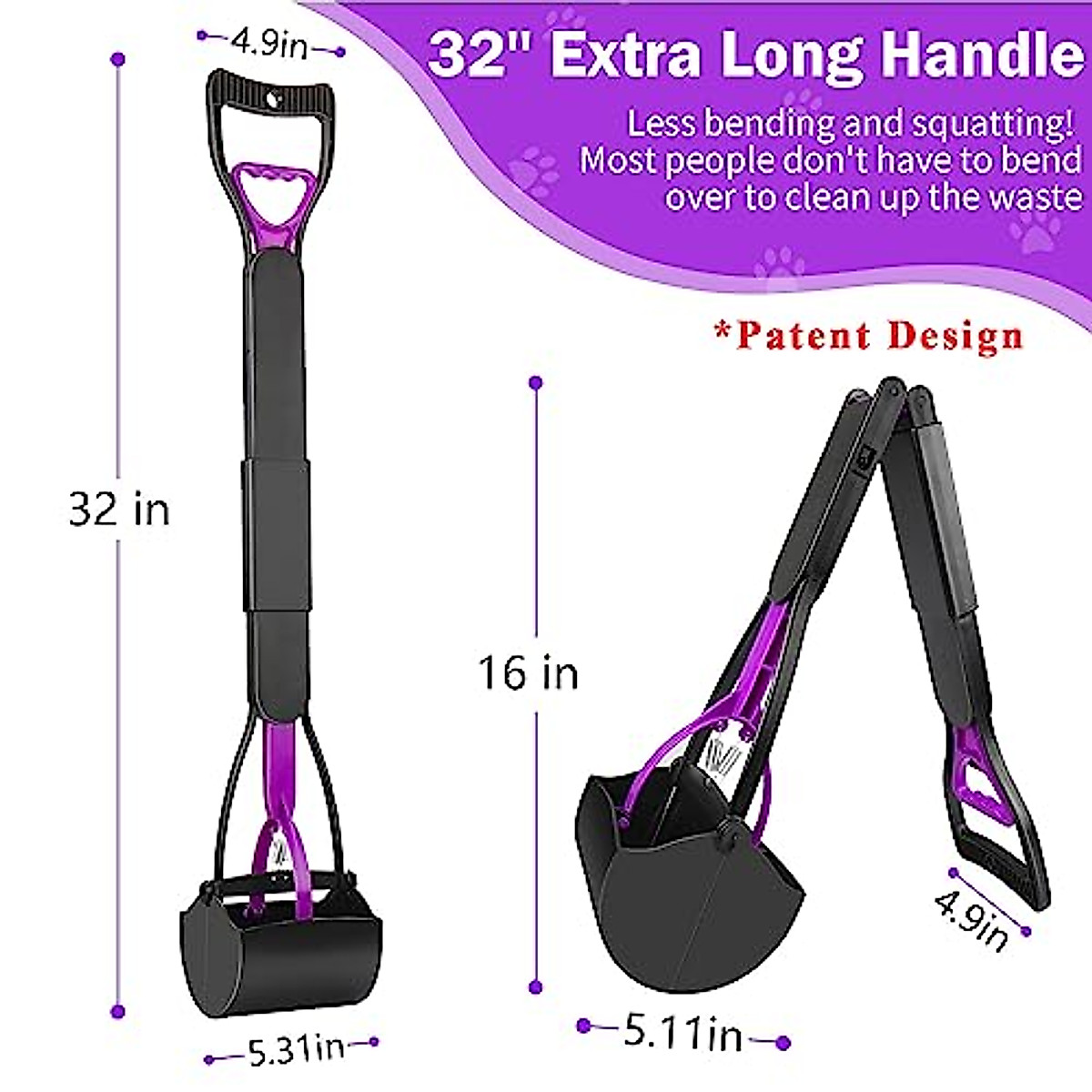 UPSKY 32'' Pooper Scooper for Large Small Dogs, Long Handle Dog Poop Scooper with Waste Bags, Durable Portable Dog Poop Pick Up Tool, Folding Poop Scoop for Yard, Grass, Dirt, Gravel