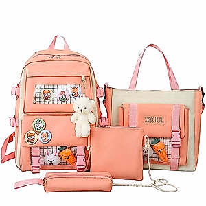 AG AGUU Kawaii Backpack with Pendants and Pins Accessories 4Pcs Sets Rucksack Bag for Women Aesthetic Canvas Daypacks(Pink)