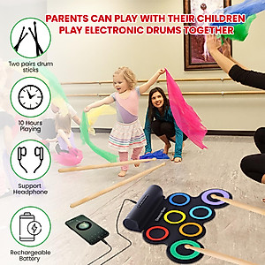 Oirtmiu Portable Electronic Drum Set Roll-Up Drum Practice 7 Pads Drum Kit Built-in Speaker with Headphones Drum Pedals Drum Sticks 10 Hours Playtime, Great Holiday Birthday Gift for Kids(Rainbow)
