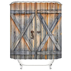 4Pcs Rustic Barn Door Shower Curtain Sets Wooden Gate Farmhouse Bathroom Set Decor with Non-Slip Rugs Bath U-Shaped Mat Toilet Lid Cover Country Bathroom Curtains Shower Set with 12 Hooks, 70.8×70.8