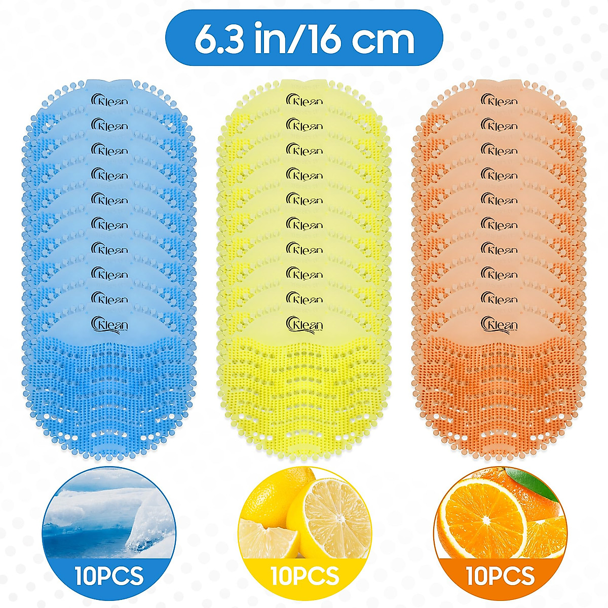 Urinal Screen Deodorizer (30 Pack) Scented Urinal Deodorizer (10 Ocean Mist+10 Orange+10 Lemon) for Restroom Urinals Disposable Gloves 30-Pack Urinal Mats Scented Urinal Screens Odor & Anti-Splash