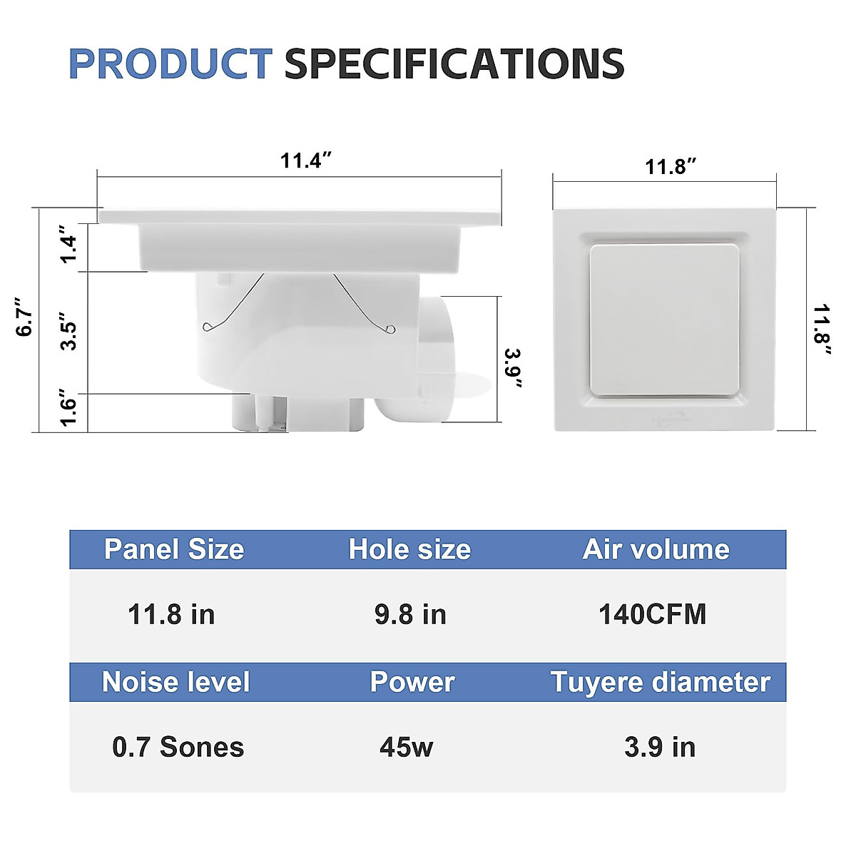 POWERENG Bathroom Fan Ceiling Mount Exhaust Ventilation,141 CFM 0.7 Sones,4 Inches Duct,White,Very Quiet Ventilation and Exhaust Fan