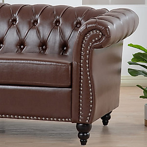 Yuxuanhang 84" Chesterfield Couch PU Leather, Modern Rolled Arm Tufted Back 3 Seater Sofa, Upholstery Nailhead Trim Couches for Living Room Office (Dark Brown)