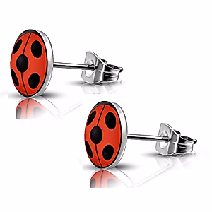 SIISPRI 316L Surgical Stainless Steel Ladybug Earring Round Circle Button Stud Post Earrings 10MM (silver)