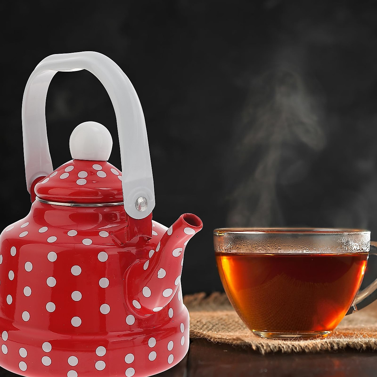 Cabilock 1.1Quart Enamel Tea Kettle Tea Pot: Red Teapot Stovetop Porcelain Teapot Kettle Red Tea Kettle for Stove Top with Handle for Stovetop Hot Water Boiler