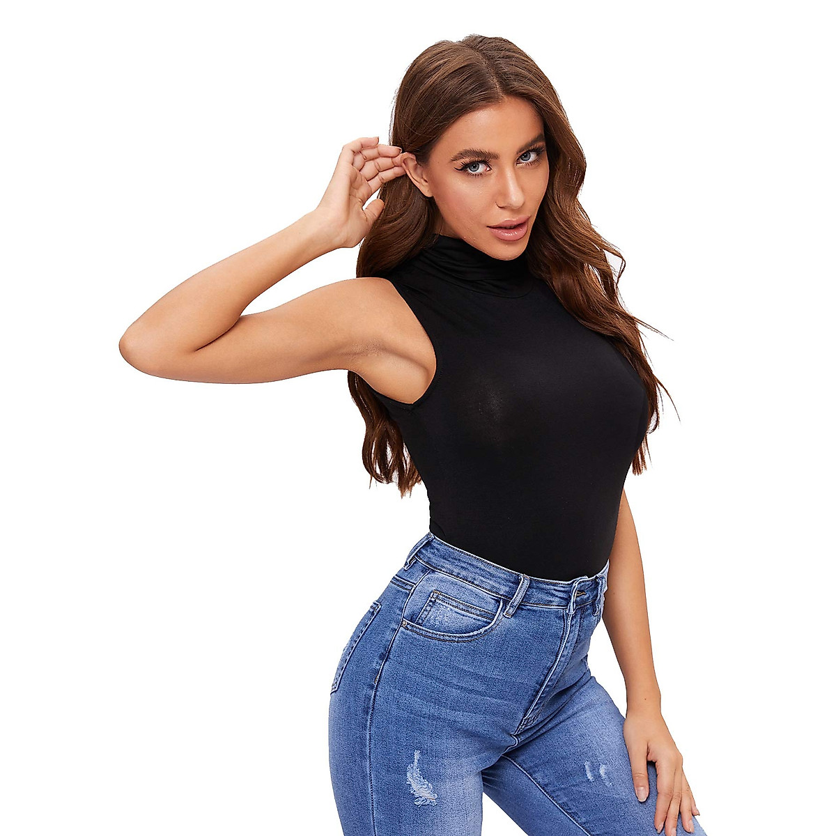 Verdusa Women's Sleeveless High Turtleneck Tank Top Black XXL