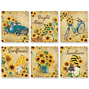 Whaline 6Pcs Sunflower Swedish Kitchen Dishcloths Vintage Spring Summer Flower Gnome Truck Dish Towel Retro Floral Cotton Absorbent Dish Cloth for Home Party Cleaning Housewarming, 6.9 x 7.7 Inch