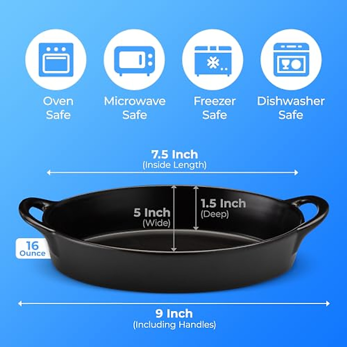 Oval Au Gratin Baking Dishes for Oven Safe and Microwave Cooking and Baking, 4 Pc. Dish Set, Heat Resistant Ceramic with Handles for Serving, Small Mini Casserole Dish, 8” x 5”, 16 oz, Matte Black