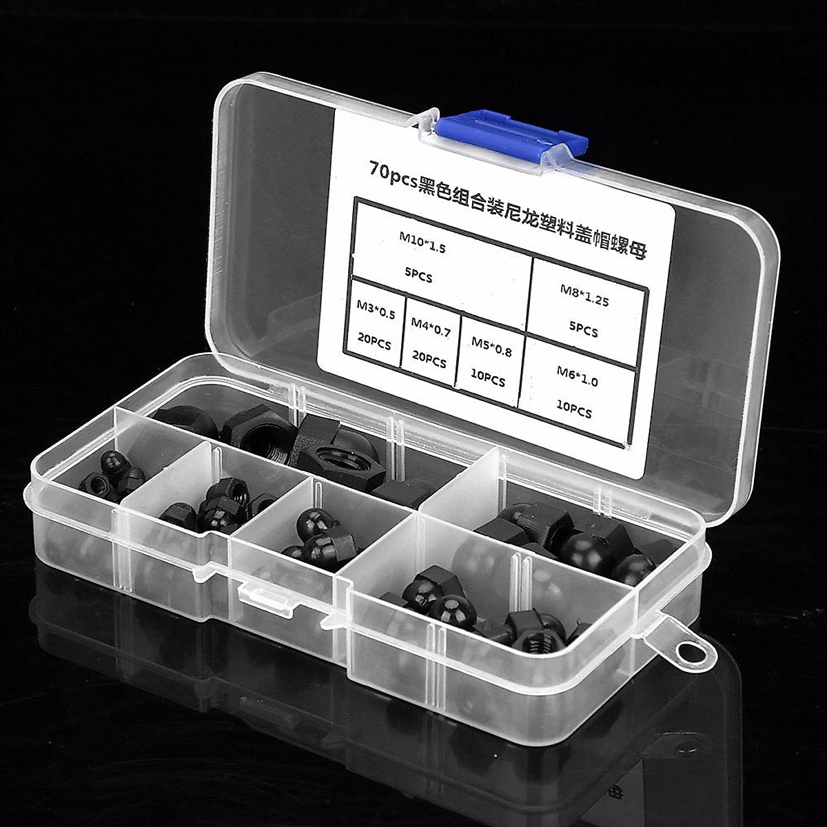 Dome Nut, 70Pcs Black White (Optional) Nylon Dome Head M3 M4 M5 M6 M8 M10 Hex Nuts Acorn Nut Kit, with Plastic Box(black)