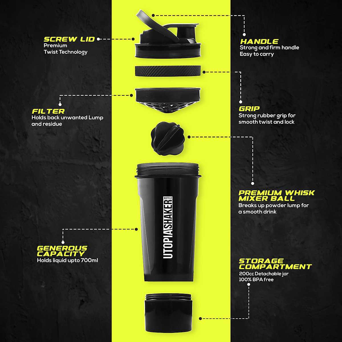 Utopia Home 2-Pack Shaker Bottle - 24 Ounce Protein Shaker Bottle for Pre & Post workout drinks - Classic Protein Mixer Shaker Bottle with Twist and Lock Protein Box Storage(All Black & Clear/Black)