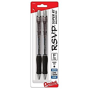 Pentel RSVP Super RT Ballpoint Pen, (0.7mm) Fine Line, Black Ink, 2-Pk - BX477BP2A