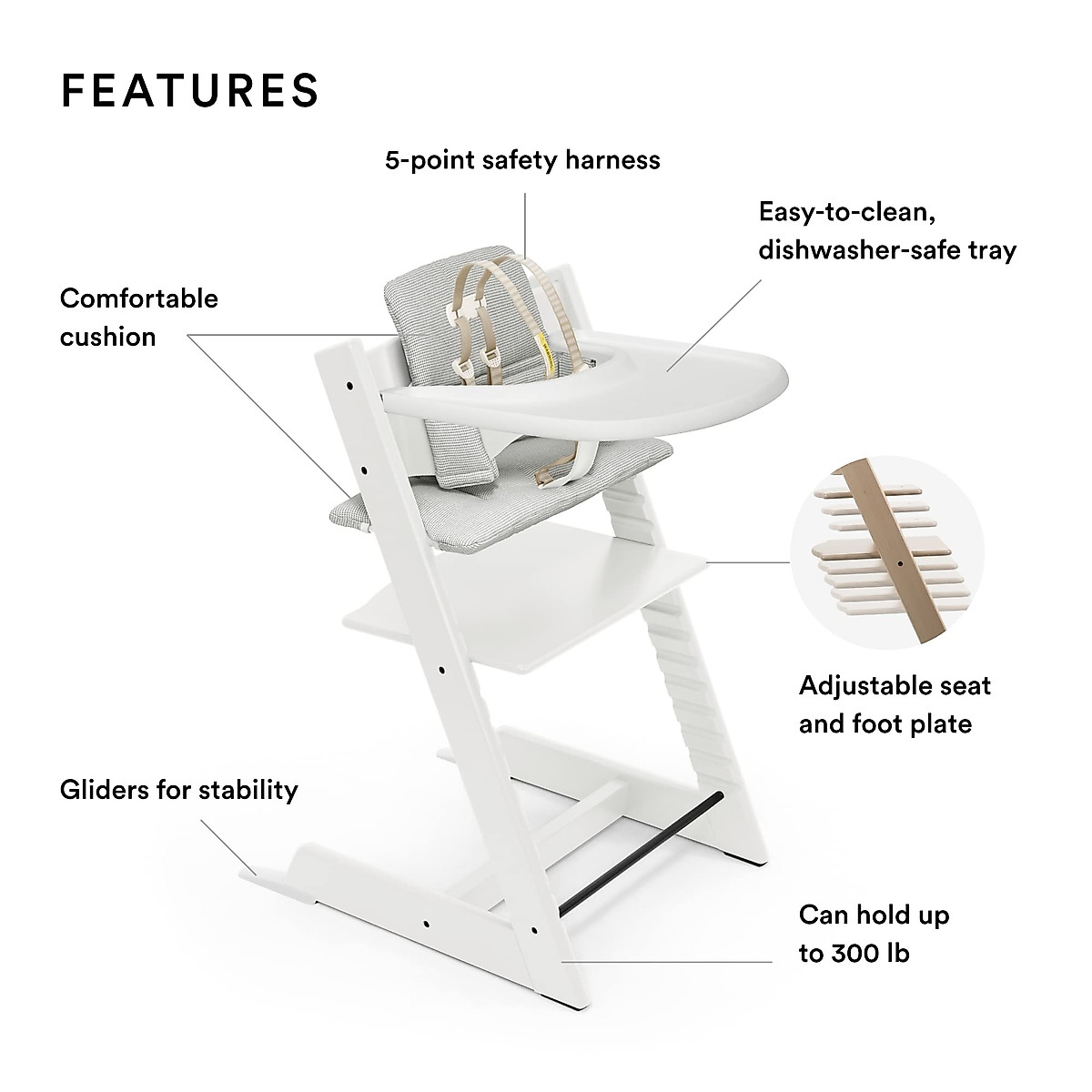 Tripp Trapp High Chair and Cushion with Stokke Tray - White with Nordic Grey - Adjustable, Convertible, All-in-One High Chair for Babies & Toddlers