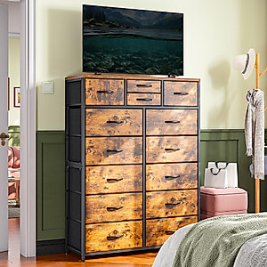 EnHomee 14 Drawer Dresser, Tall Dressers for Bedroom, Large Bedroom Dressers & Chests of Drawers, Sturdy Metal Frame & Wood Top, Easy Assembly, Closet, Living Room, Rustic Brown