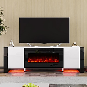 AMERLIFE Fireplace TV Stand with 36" Fireplace, 70" Modern High Gloss Entertainment Center LED Lights, U-Shaped Legs TV Console Cabinet for TVs Up to 80", White