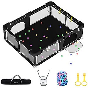 Extra Large Baby Playpen for Babies Toddlers 71"X79" -Portable Big Baby Playard with 2 Door for Indoor - Black Baby Play Yard Fence with 50 Ocean Balls 2 Pull Rings A Storage Bag