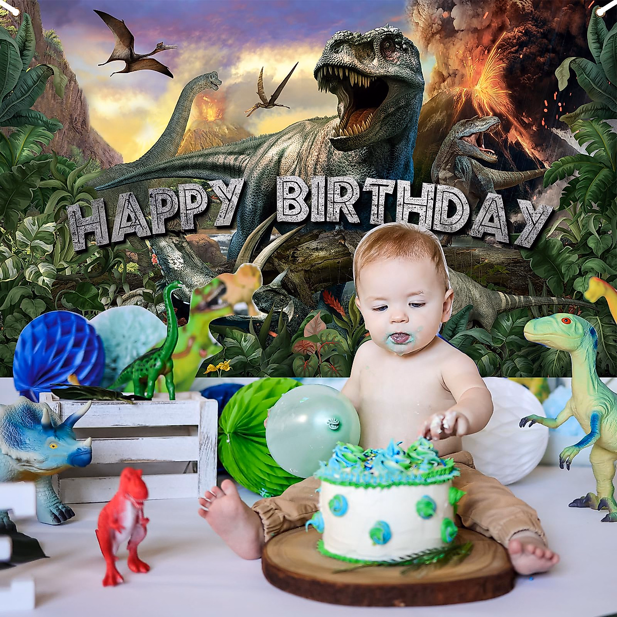 Avezano Dinosaur Jurassic Dino Theme Banner - Happy Birthday Boys Party Decorations - 70.8 x 43.3 Inch Photo Backdrop