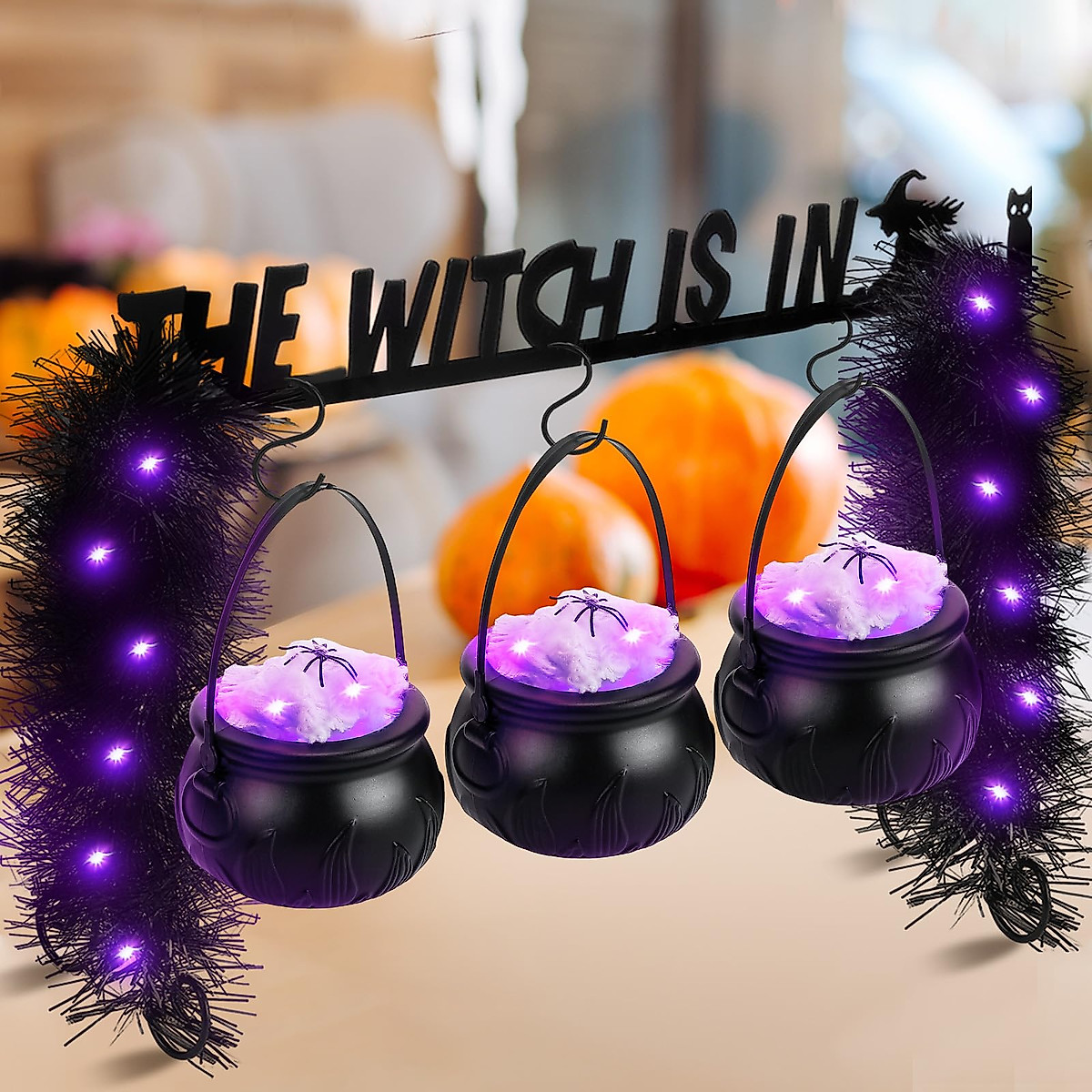 Halloween Witch Cauldron Candy Serving Bowl Halloween Punch Bowl Lighting Party Decorations for Table Kitchen Indoor Outdoor Halloween Candy Holder with Iron Rack and Garland Spiders