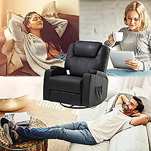 Massage Recliner Chair Rocking Swivel Chair with Heated Massage Ergonomic Lounge 360 Degree Swivel Single Sofa Seat and Two Hidden Cup Holders (Black)