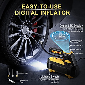 LivTee Tire Inflator Portable Air Compressor for Car Tires - Car Accessories, 12V DC Air Pump with Digital Tire Pressure Gauge, Max 150PSI with Emergency LED Lights for Car, Camper, RV, Truck