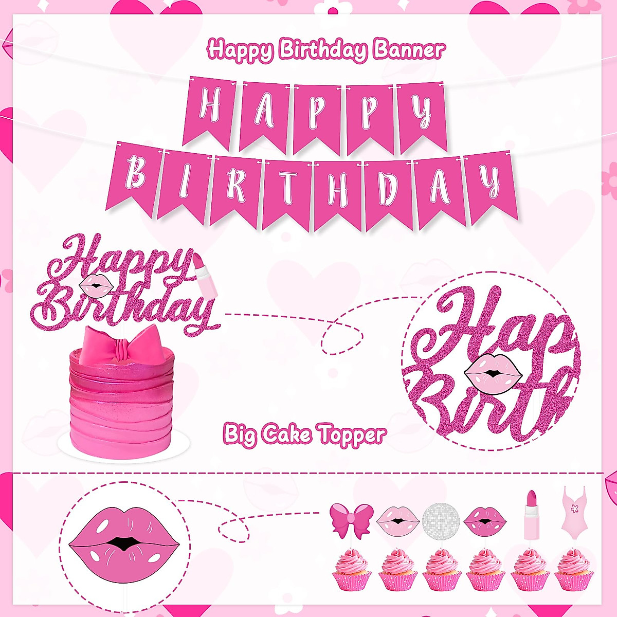 Hot Pink Girl Birthday Party Decorations, Pink Disco Ball Bow Princess Balloon Arch, Pink Happy Birthday Banner, Hanging Swirls, Cake Toppers for Princess Birthday Baby Shower Bachelorette Party Decor