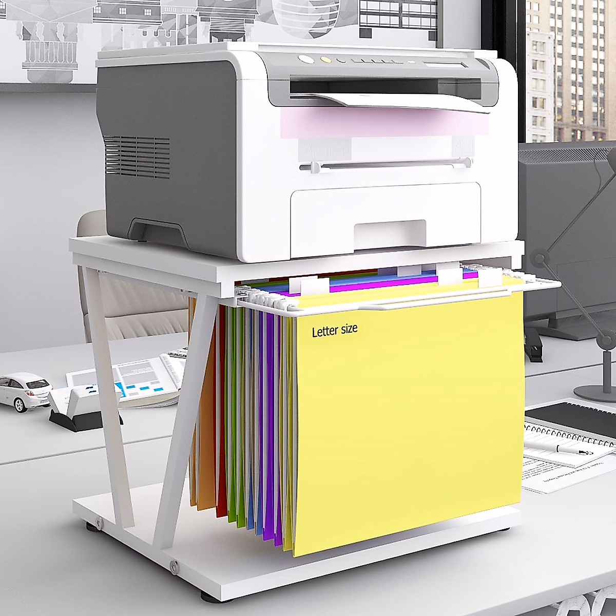 PUNCIA 2 Tiers Home Office Desktop Printer Stand with Letter Size Steel Hanging File Folder Frame Tabletop Shelf Organizer Storage Multifunction Printer Stand Table for Small Space Double Tiers Tray