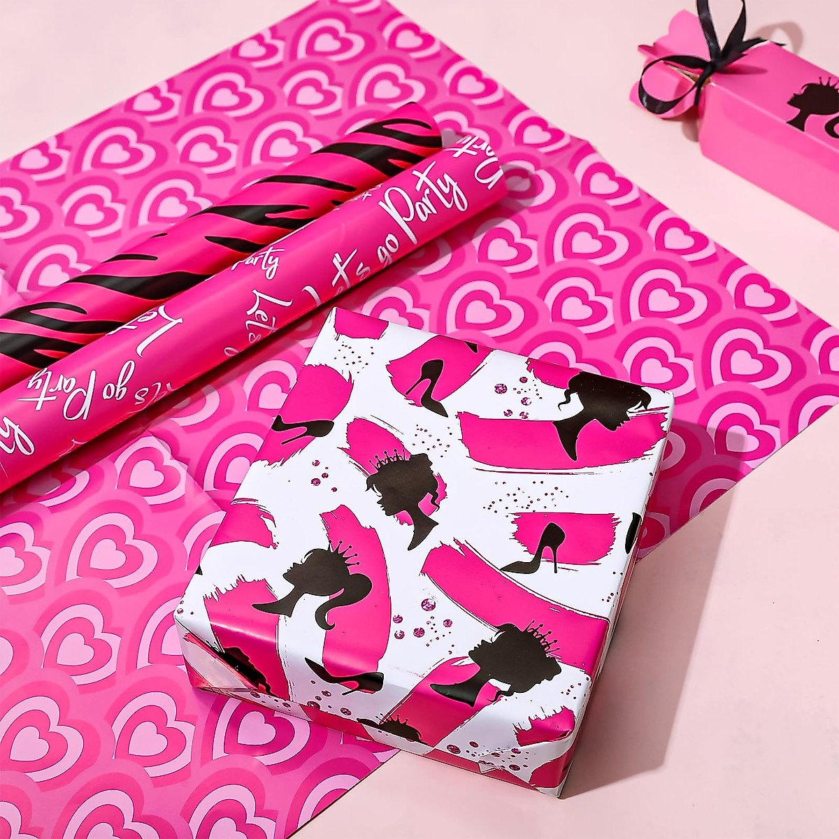 Whaline 12 Sheets Pink Girls Princess Wrapping Paper 19.7 x 27.6 Inch Hot Pink Girls Hearts Sweet Style Wrapping Paper Assorted Pink Girl Gift Wrap Paper for Birthday Baby Shower Wedding Party