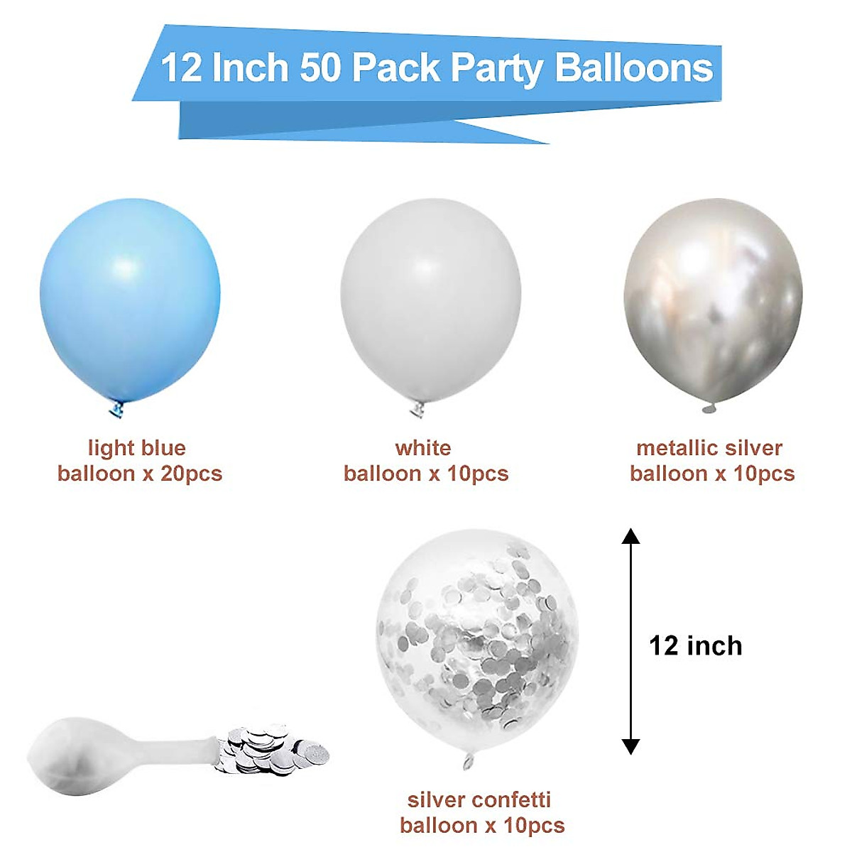 Blue White Silver Confetti Balloons, 50pcs 12 Inches Latex Party Balloons Helium Balloons for Birthday Bridal Shower Graduation Wedding Decorations