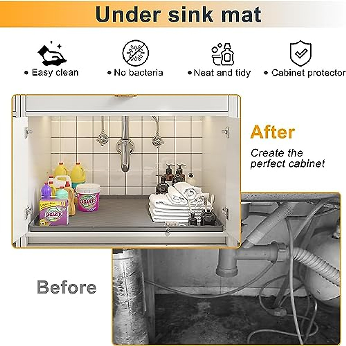 Under Sink Mat for Kitchen Waterproof, 34" × 22" Silicone Bathroom Sink Mat, under sink Liner drip tray and protectors for bottom of kitchen sink, Fits 36'' Stand Cabinets (Gray)