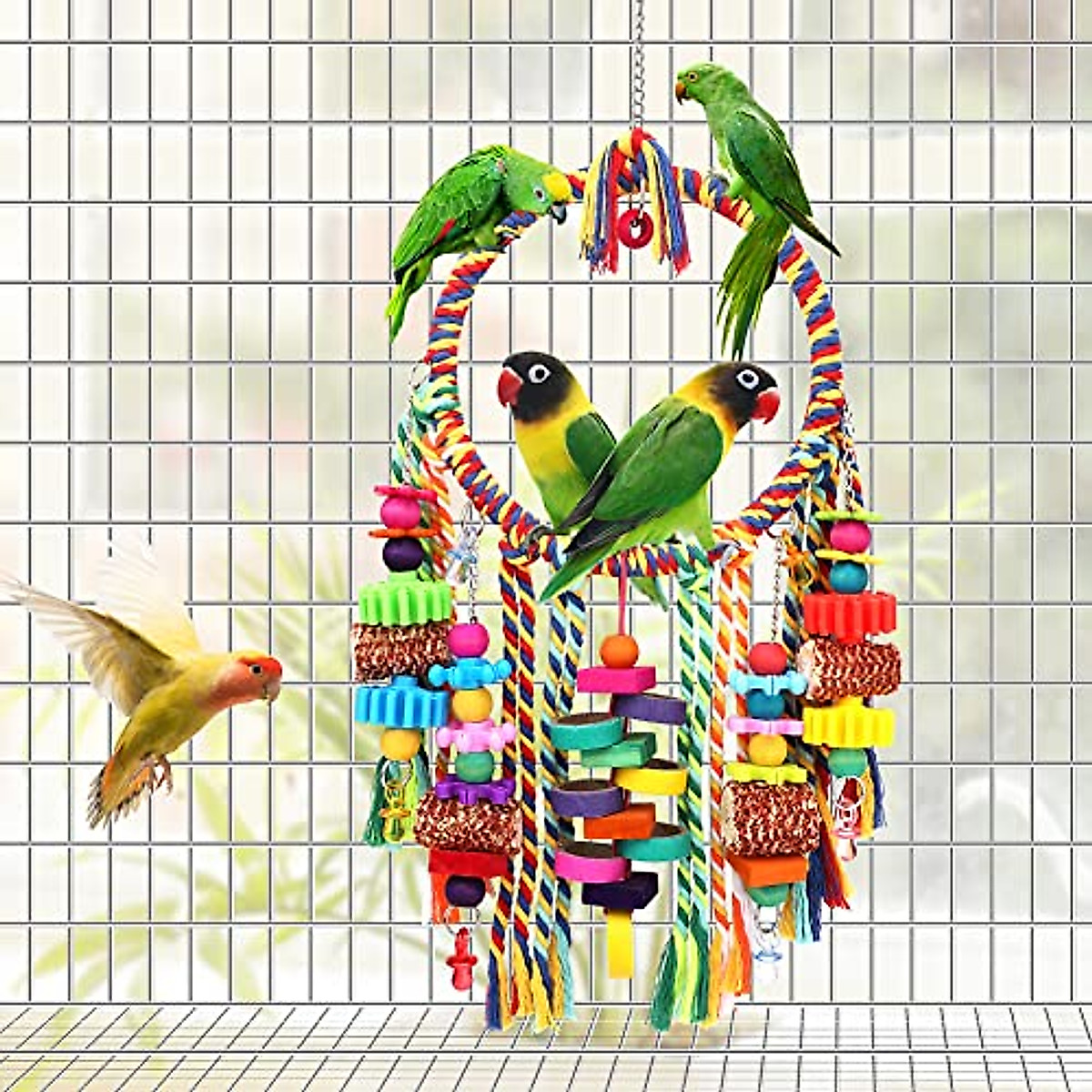 Bird Toys Bird Rope Ring Swing Perch with Corn Cob Cardboard Bagels Wooden Blocks Chewing Toys for Parakeets,Cockatiels,Conure,Lovebirds,Finches and Other Small-Sized Birds