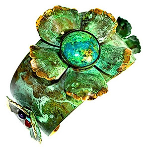 Elaine Coyne Collectible Artwear Verdigris Patina Sculptural Floral Cuff Bracelet - Chrysocolla