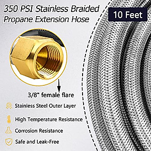 Upgraded 10 Feet High Pressure Braided Propane Hose Extension with 5 Conversion Coupling 3/8" Flare to 1/2" Female NPT,1/4" Male NPT,3/8" Male NPT,3/8" Male Flare for Heater,BBQ Grill,Flexible,Durable