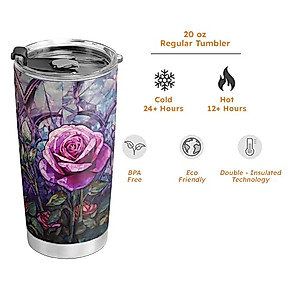 ORCAE 20oz Colorful Rose Flower, Crystal Stained Glass Style Flowers, Pink Purple Rose Tumbler Cup, Insulated Travel Mug with Lid, Coffee Thermos for Women, Gifts for Women - M