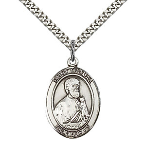 F A Dumont Sterling Silver St. Thomas The Apostle Pendant with 24" Stainless Steel Heavy Curb Chain. Patron Saint of Architect/Blind People