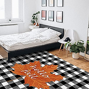 Area Rug for Bedroom Living Room Decor,Thanksgiving Fall Maple Leaves Ultra Soft Non-Slip Accent Rugs Indoor Large Floor Carpet White and Black Buffalo Plaid Non-Shedding Nursery Floor Mat,60x82in