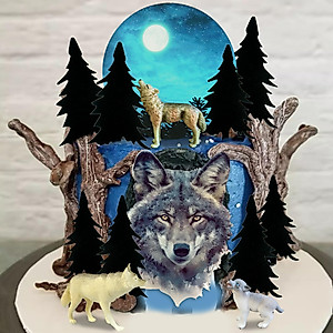 13 PCS Wolf Cake Topper Full Moon Cake Decor with Animal Figurine for Baby Shower Wolf Themed Wedding Birthday Party Supplies (Gray)