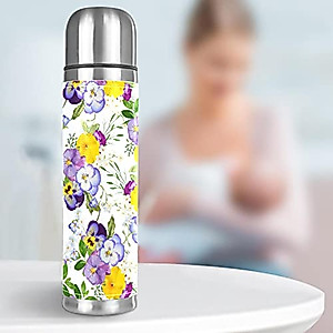 Stainless Steel Leather Vacuum Insulated Mug Flowers Thermos Water Bottle for Hot and Cold Drinks Kids Adults 16 Oz