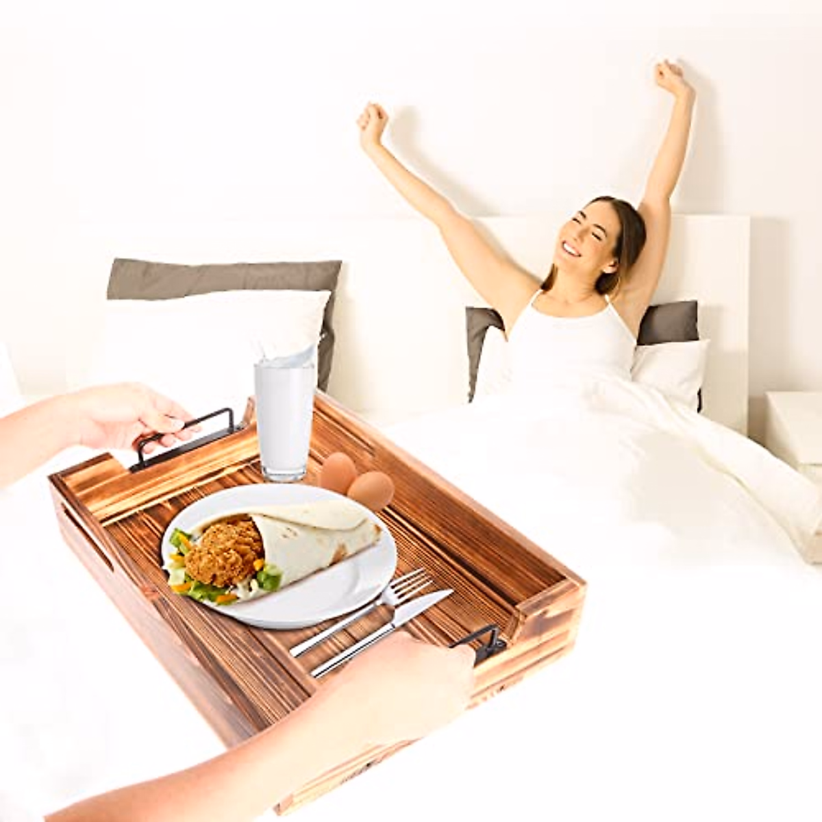 Wood Ottoman Serving Tray with Handles & Cup Holder Wooden Wine Serving Tray with Removable Glass Holder Antique Breakfast Serving Trays in Bed Coffee Table