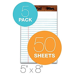 TOPS The Legal Pad Legal Pad, 5 x 8 Inches, Perforated, White, Narrow Rule, 50 Sheets per Pad, 5 Pads per Pack (75008)