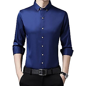 Men's Long Sleeve Stylish Shirts Solid Color Lightweight Slim Shirts Classic Business Button Down Dress Shirt (Dark Blue,Medium)