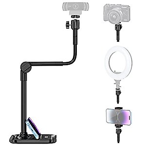 Webcam Stand with Phone Holder, 2 in 1 Adjustable Flexible Gooseneck Camera Mount Desktop Stand with Cell Phone Clamp for Logitech C922 C930e C920S C920 C615, Brio 4K, Gopro Hero and Other Devices
