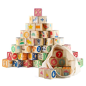 FOPNETS Wooden ABC Building Blocks 36 Large Stacking and Building Blocks for Toddlers Colorful Alphabet Number Icons Preschool Educational Montessori Toys for Boys Girls Gifts