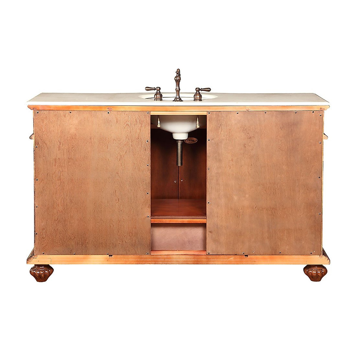 Silkroad Exclusive FS-0268-CM-UWC-60 Creamy Marble Stone Single Sink Bathroom Vanity with Furniture Cabinet, 60", Medium Wood