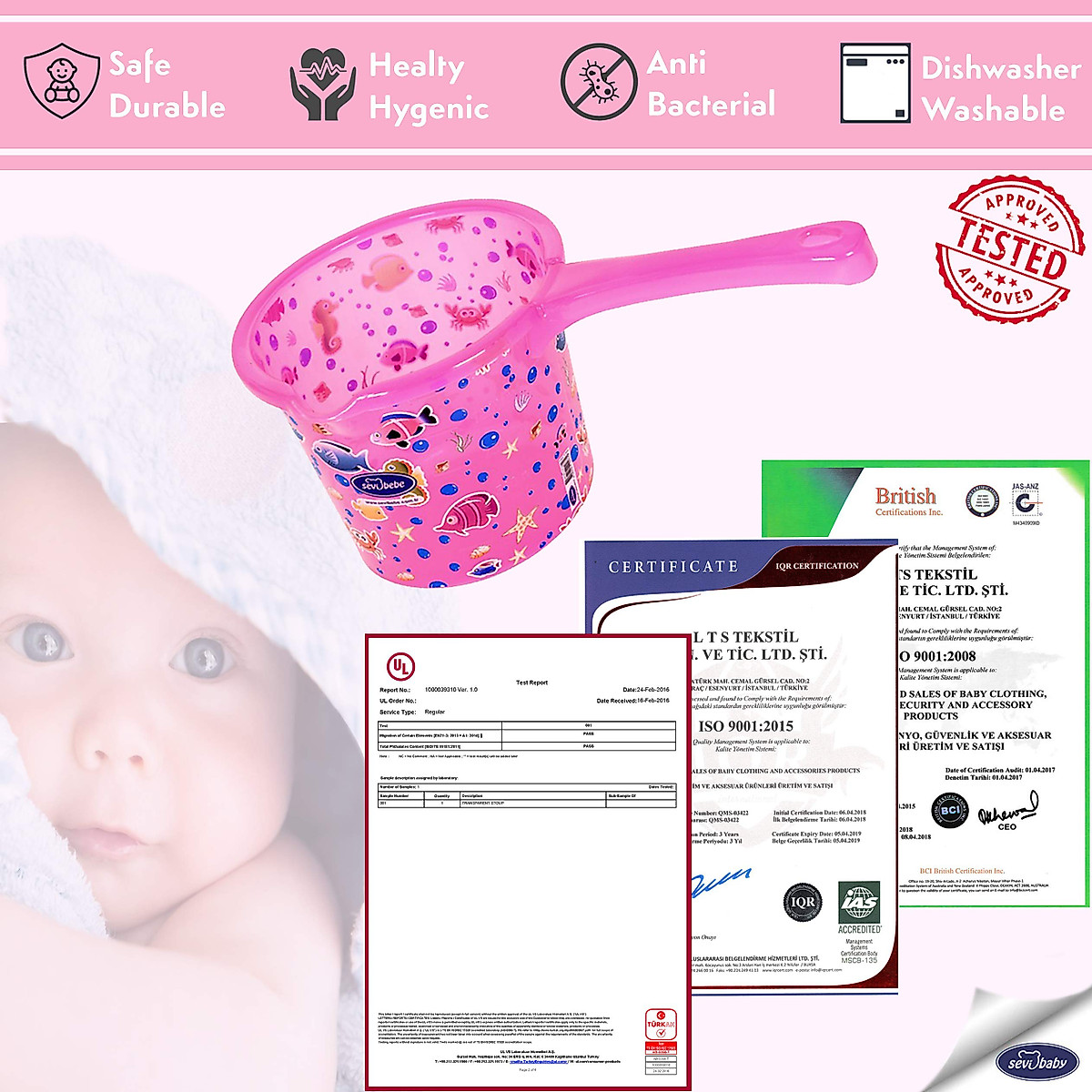 Sevi Baby Bath Rinse Cup, Certified Bath Water Scoop, Baby Shampoo Rinser, Baby Bath Mug Made from BPA-Free Safe Material, (1250 ml / 42.2 oz) - Made in Turkey (Pink) (Pink)