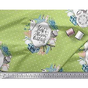Soimoi Green Cotton Canvas Fabric Candies,Gift Box & Bell Christmas Decor Fabric Printed Yard 42 Inch Wide