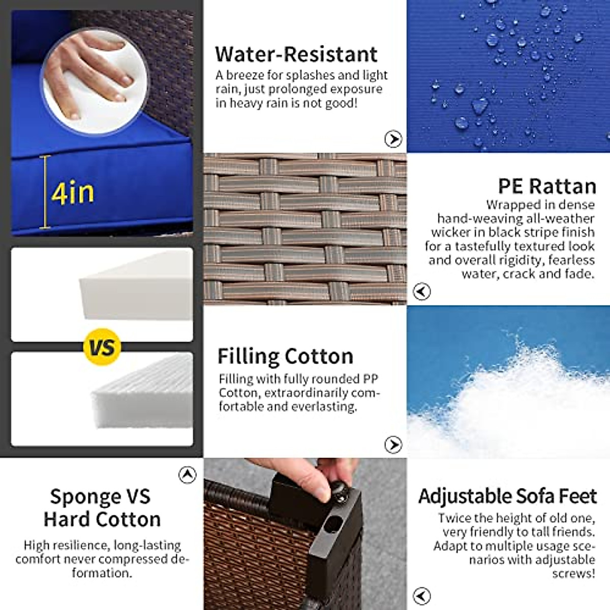 3-Seat Patio PE Wicker Sofa, Outdoor Rattan Couch Furniture Steel Frame with Furniture Cover and Deep Seat High Back, Royal Blue Anti-Slip Cushion