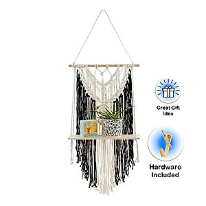 PlanterSam Macrame Wall Hanging with Removable Shelf - 100% Cotton Hanger for Indoor Plants - Aesthetic Room Decor and Hardware Included (Black)