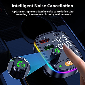 Bluetooth 5.0 FM Transmitter for Car - Cigarette Lighter Aux Port Car Wireless MP3 Adapter with Microphone HiFi Bass Sound Music Adaptor Radio Transmitter & USB PD Fast Charging Port car Accesories